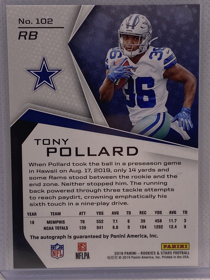 Tony Pollard 2019 Panini Rookies & Stars RC Auto Longevity 48/60 Dallas ...