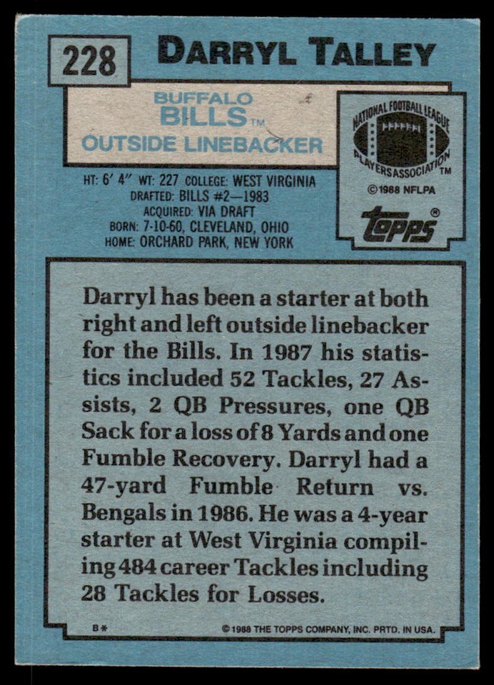 1988 Topps Darryl Talley #228 Buffalo Bills Football Card | eBay