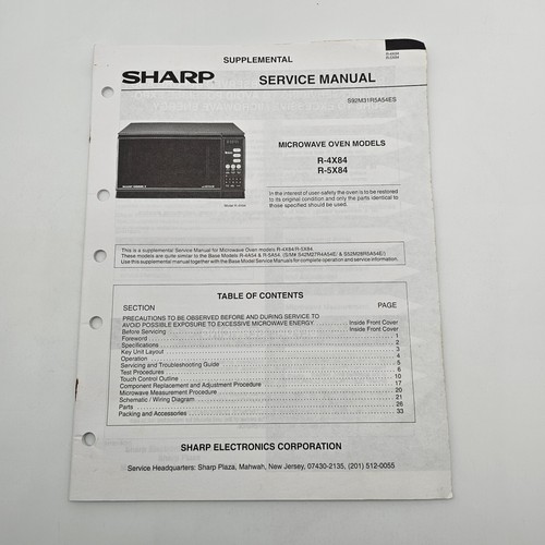 OEM Sharp Service Manual for Microwave Oven Models R-4X84 R-5X84 VTG ...