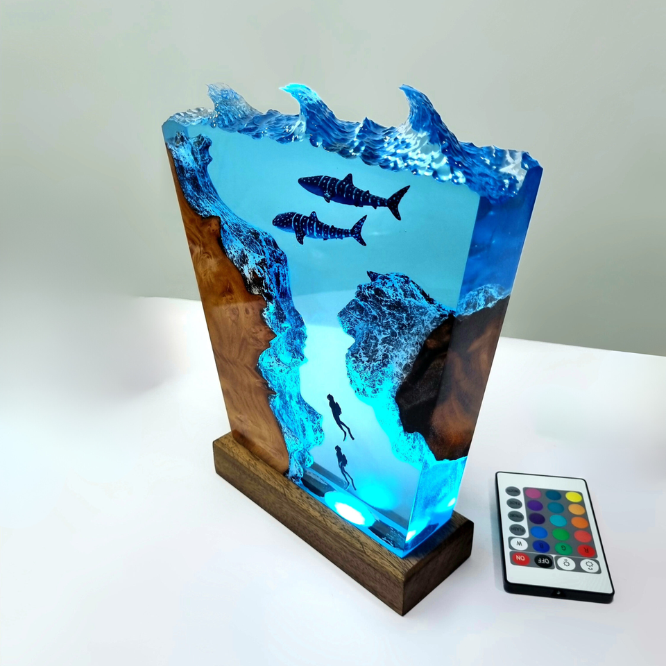 Ocean Resin Lamp, Whale Shark and Diver Resin Wood Lamp, Deep Blue Sea ...