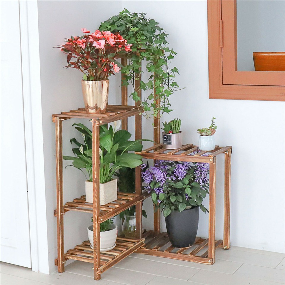 Vintage 6 Tier Wooden Corner Plant Stand Ladder Potted shelf Balconie ...
