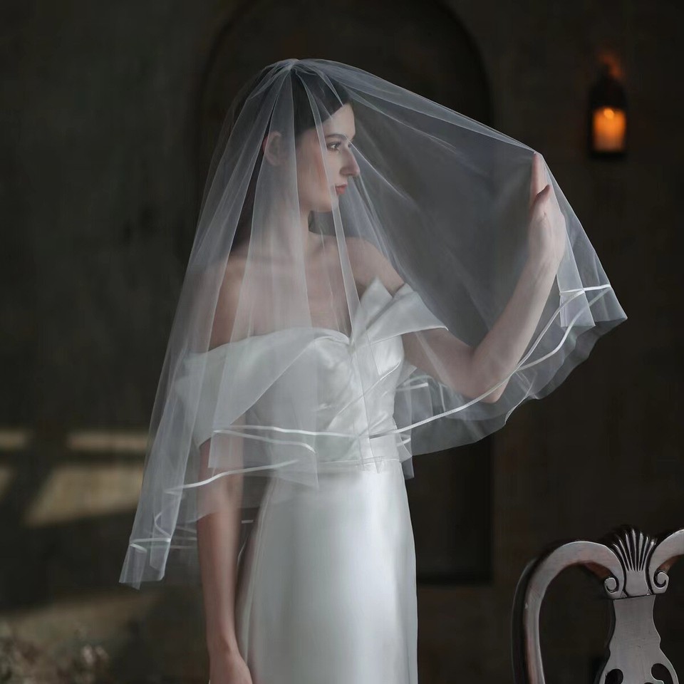 Wedding Bridal Veil Satin Edge with Comb White Ivory Elbow Elegant ...
