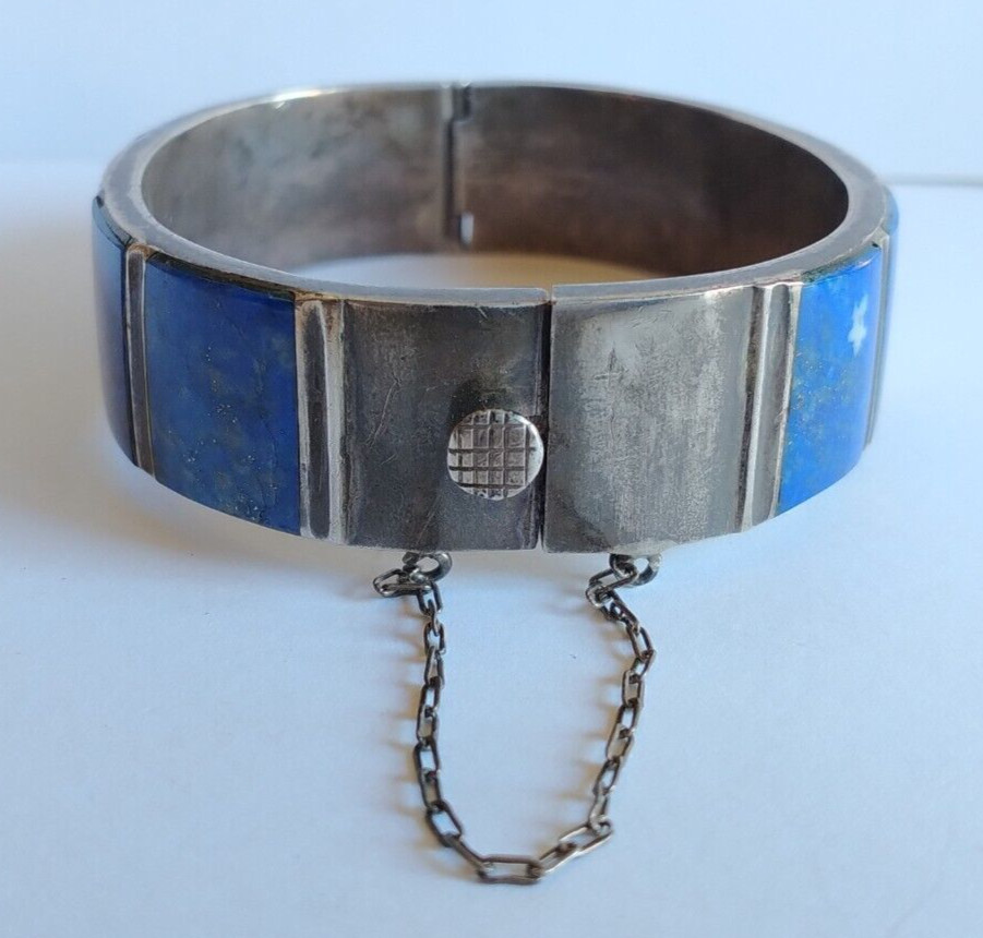WEIGHTY VINTAGE 950 SILVER LAPIS HINGED CLAMP BANGLE … - Gem