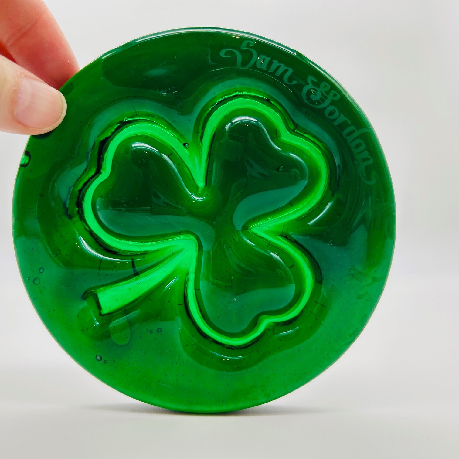 Green Glass Irish Shamrock Disk Paperweight Sam Gordon Etched Unsigned ...