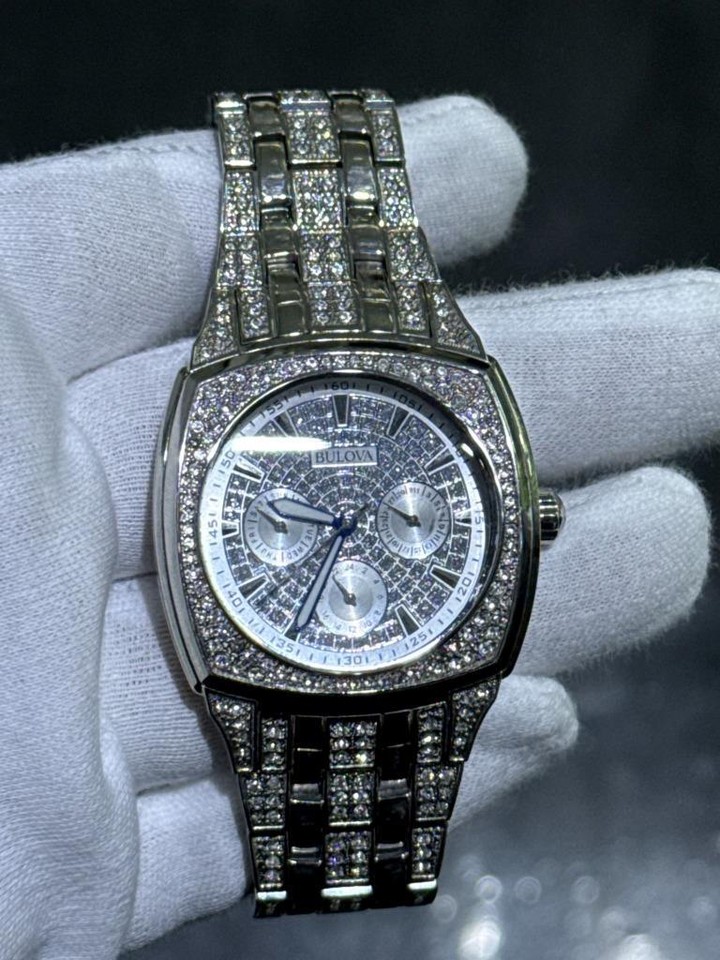 BULOVA Men's Iced Out Crystal Collection Phantom Silver Dial 40mm Watch ...