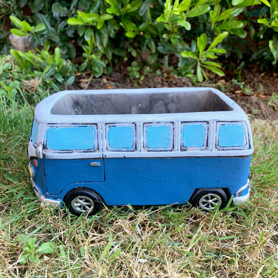 Blue VW Campervan Planter Cement Home Garden Plant Flower Seed Herb Pot ...