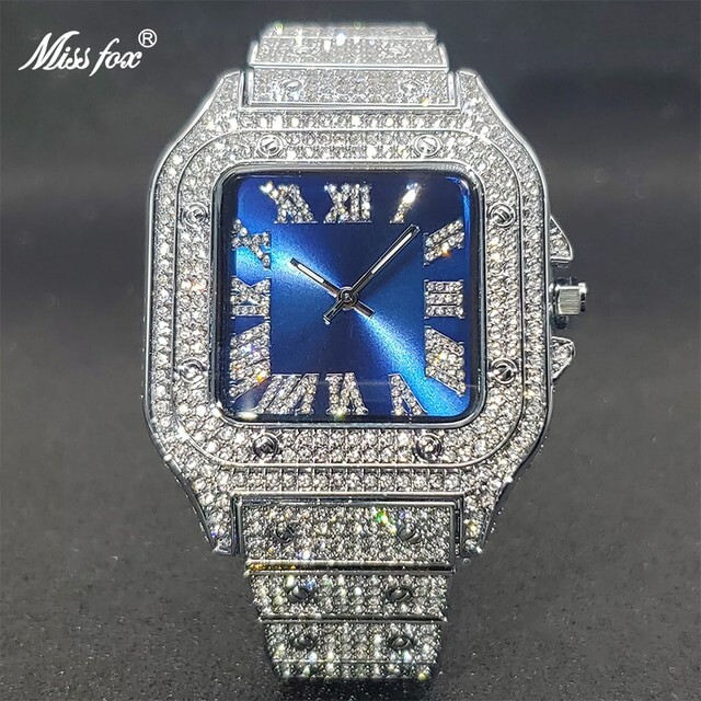Luxury Fully Ice out Men's Watch Iced Bling Hip Hop Diamond Silver Blue ...