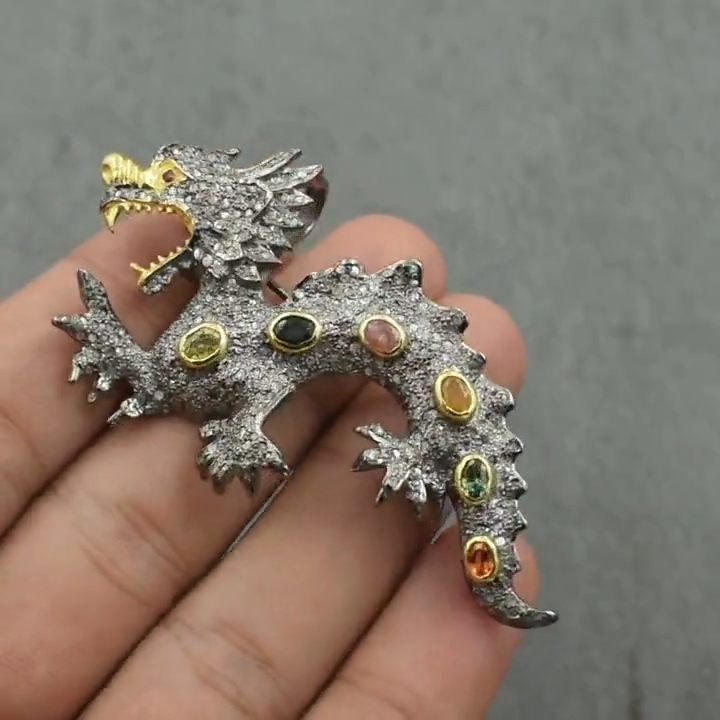 Multi Tourmaline Pave Diamond Dragon Brooch,925Sterling Silver,Dragon ...