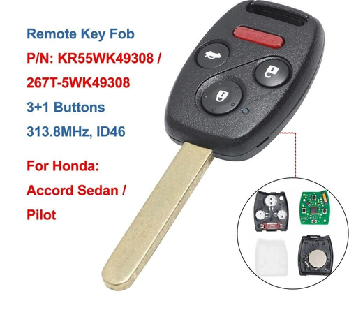 3+1 Buttons 313.8MHz Uncut Blade Remote Key ID46 Chip for Honda/Accord ...