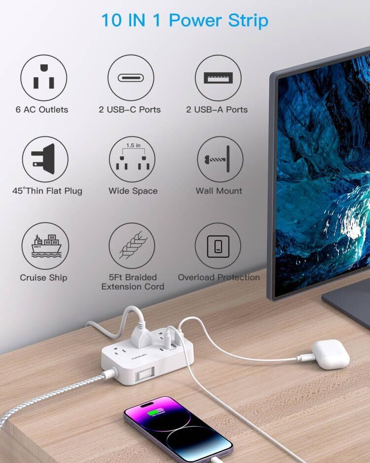 Flat Extension Cord 5 Ft Ultra Thin Usb C Flat Plug Power Strip With 6 ...