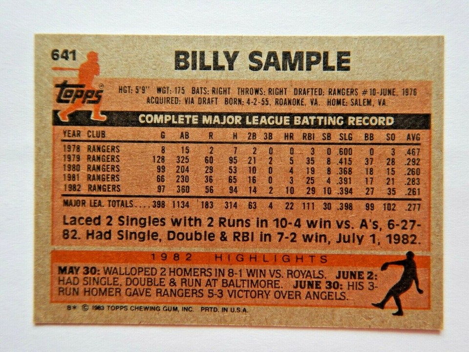 Billy Sample #641 Topps 1983 Baseball Card (Texas Rangers) VG | eBay