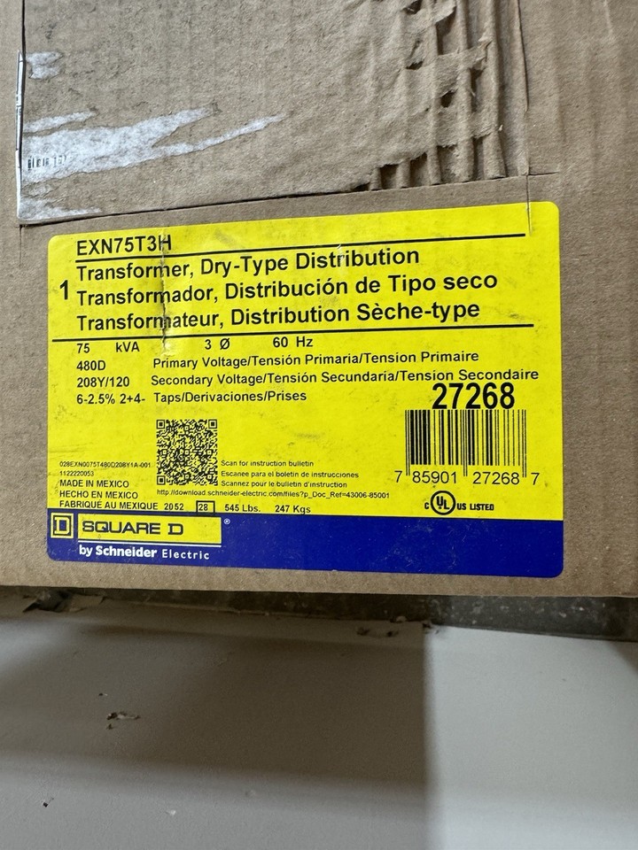 Square D EXN75T3H Transformer Dry Type - New Surplus 785901272687| eBay