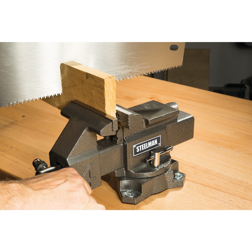 STEELMAN 4-Inch Bench Vise, 360-degree Swivel, Serrated Steel Jaws ...