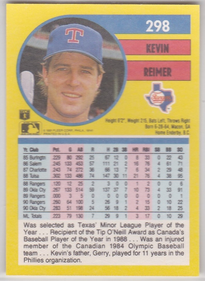 M) 1991 Fleer Baseball Trading Card - Kevin Reimer #298 | eBay