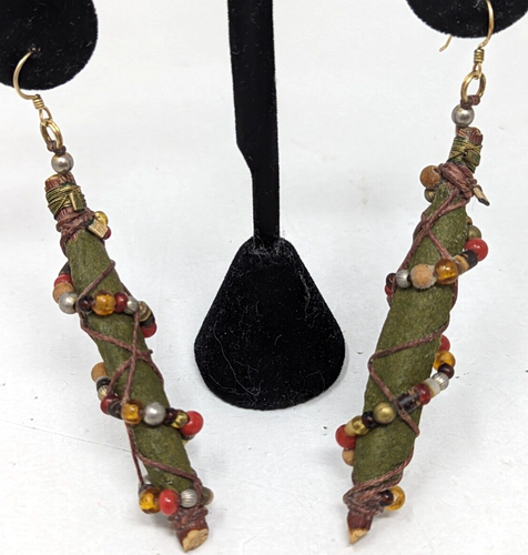 Artisan Handmade Boho Twig Stick Paper String Wrapped Bead Dangle ...