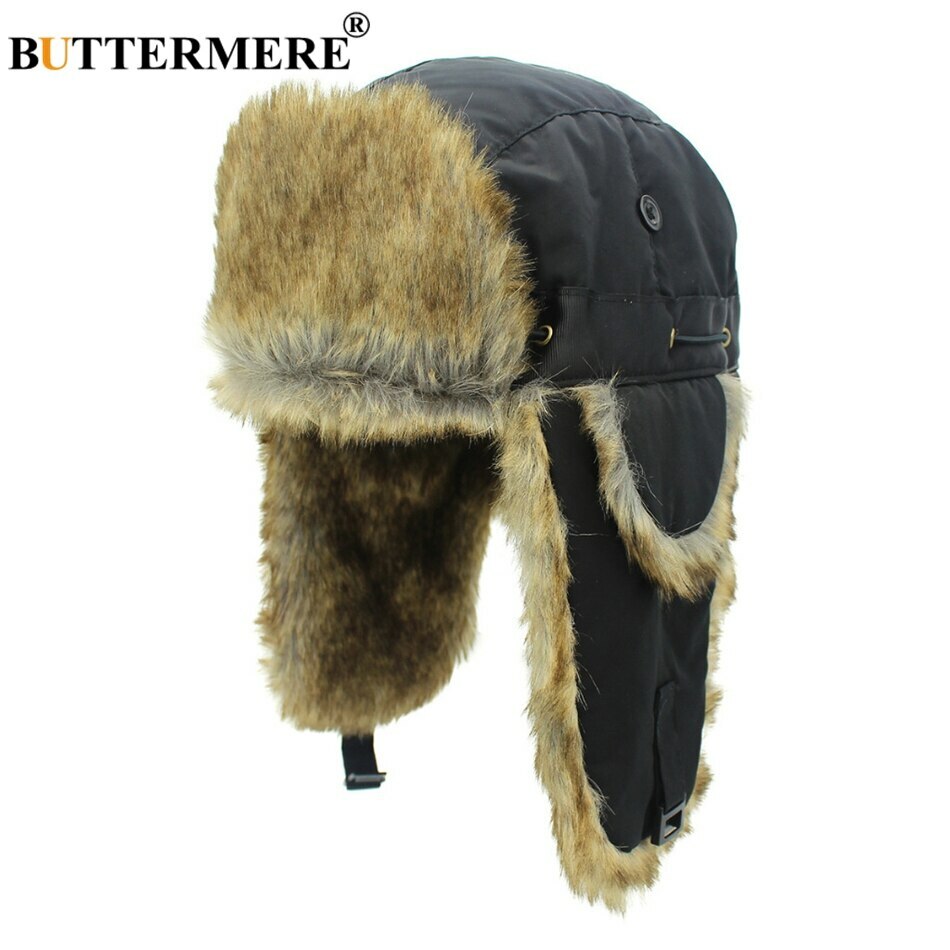 Black Pilots Hat Fur Mens Winter Hats Ear Flaps Winter Outdoor Pilot ...