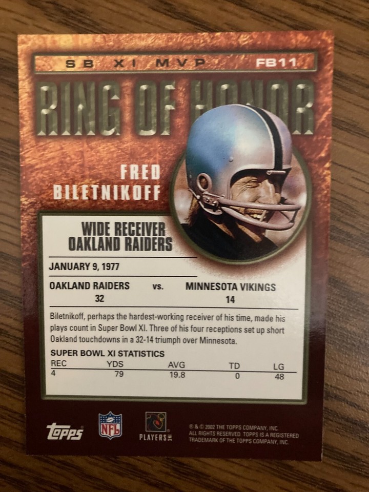 2002 Topps Ring of Honor Insert #FB11 Fred Biletnikoff Oakland Raiders ...