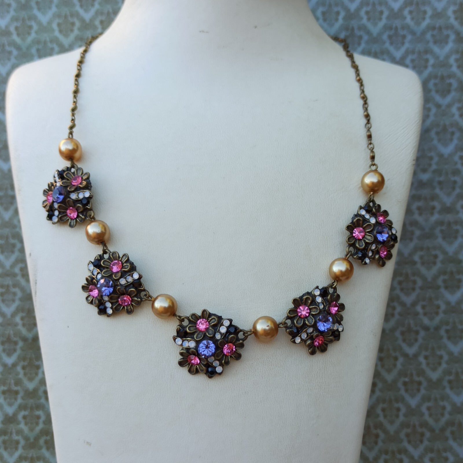 Michal Negrin Necklace Pink Purple Floral Bib Chunky Crystals Pearls ...