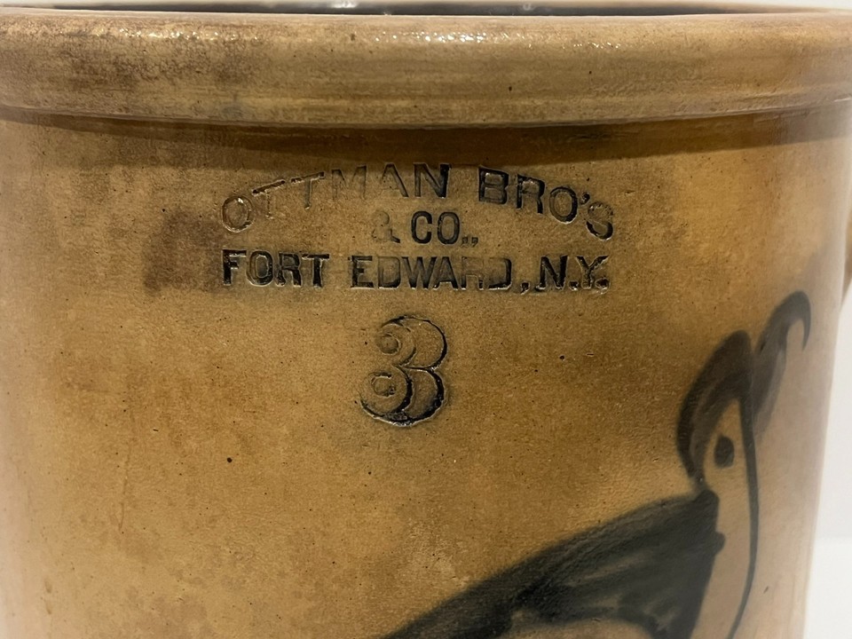 Primitive Ottman Bros Fort Edwards NY 3G Salt Glazed Crock Blue Bird ...