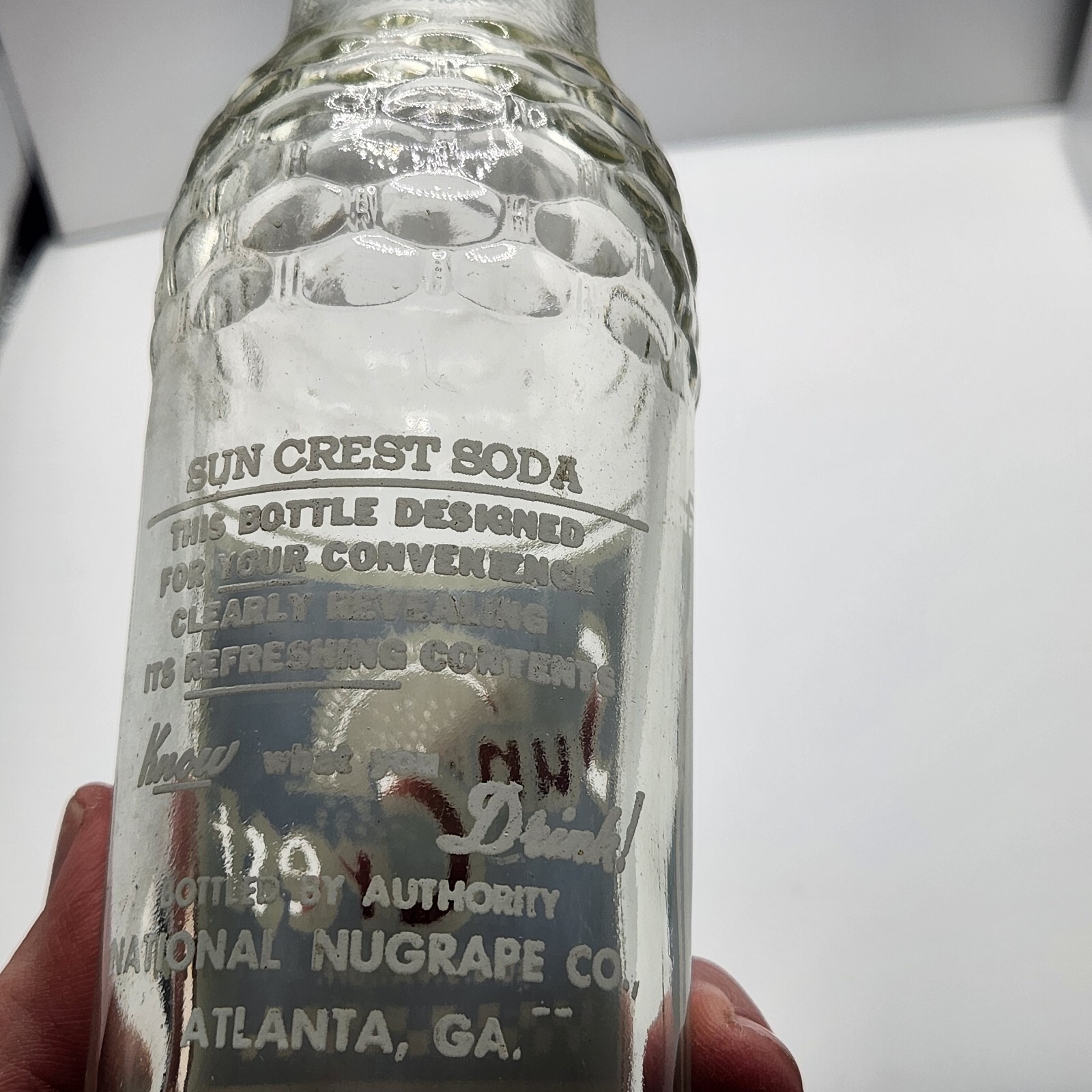 VINTAGE 1952 SUN CREST SODA GLASS BOTTLE 10 OZ PAINTED LABEL ATLANTA ...