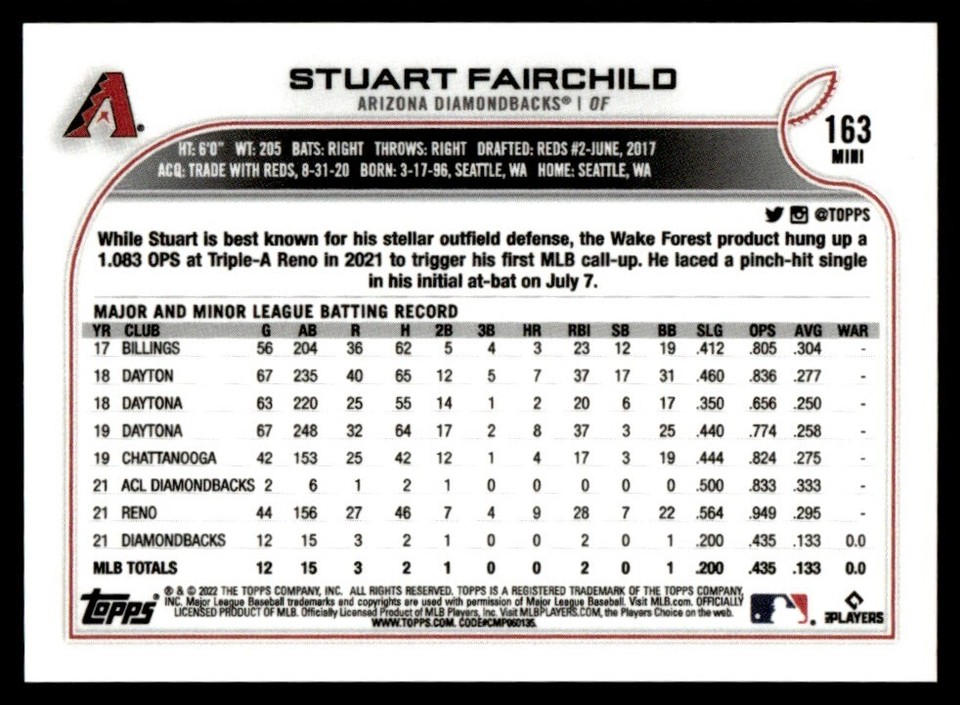 2022 Topps Mini #163 Stuart Fairchild Rookie Arizona Diamondbacks | eBay
