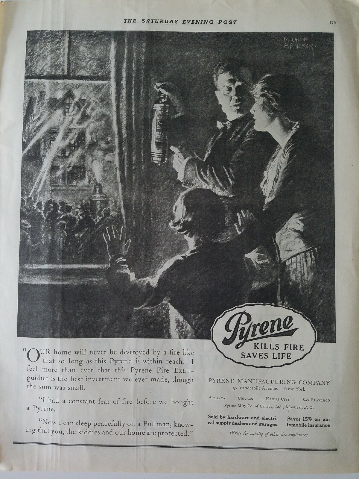 1919 pyrene fire extinguisher kills fire saves lives M. Leone Bracker ...