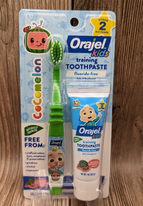 Orajel Kids Training Toothpaste & Brush Stage 2 Flouride Free Green Exp ...