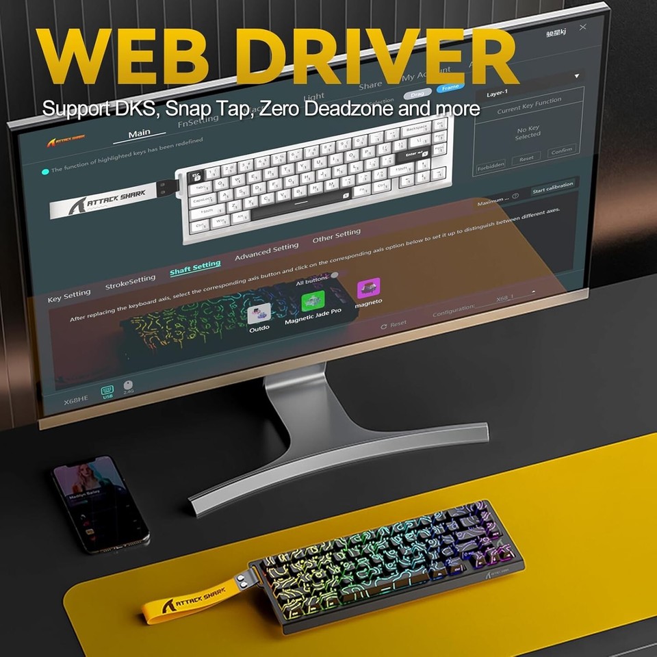 ATTACK SHARK X68 HE Wired Rapid Trigger Mechanical Adjustable Actuation ...