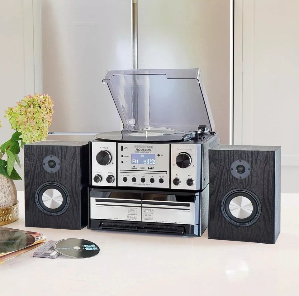 STEEPLETONE Silver Houston 6 In 1 Music Centre Vinyl Record Player, New ...