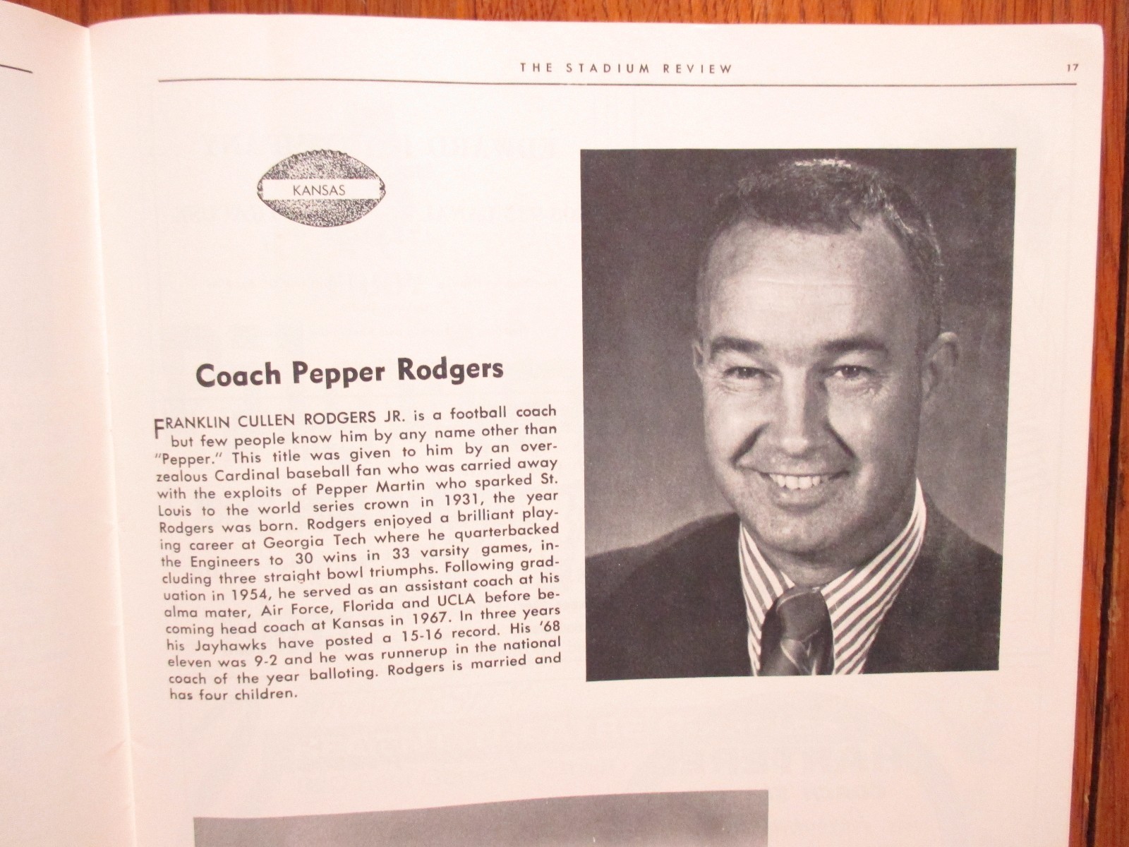 PEPPER RODGERS 1970 Kansas/Syracuse Univ. Football Program(BEN ...