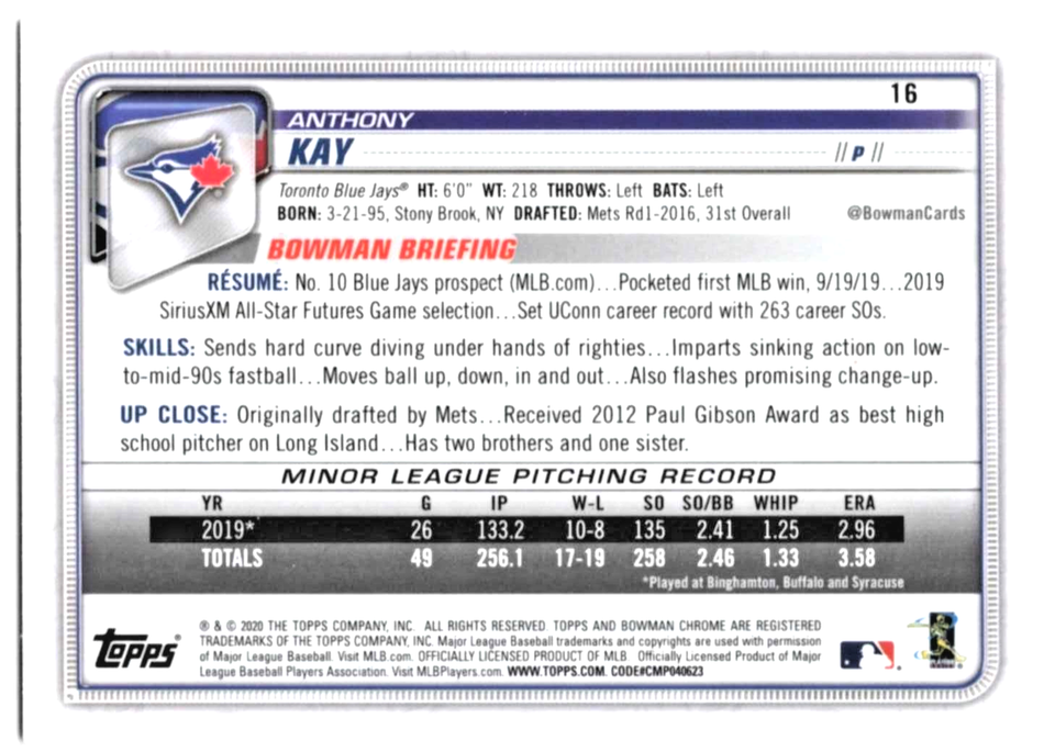 Anthony Kay Toronto Blue Jays 2020 Bowman Baseball Card #16 Chrome | eBay