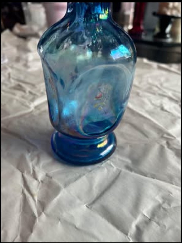 Fenton twilight blue Iridescent Square Vase Ruffled Top Artist Signed L ...