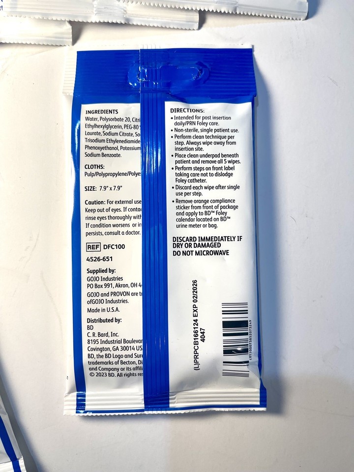 GOJO PROVON BD SureStep Post Insertion Foley Care Wipes DFC100, 5 Packs ...