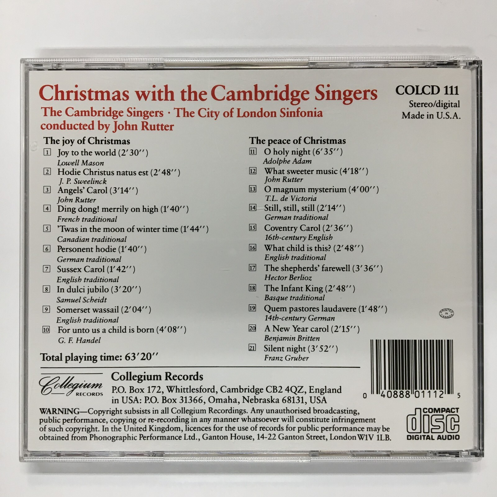 Christmas with the Cambridge Singers by John Rutter (CD, 1989 ...