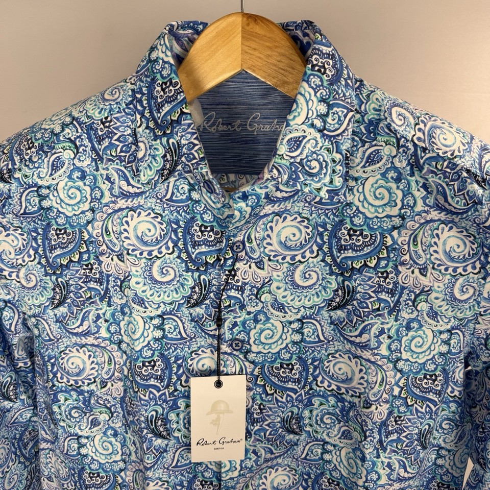 Robert Graham Button-Up Shirt Mens Medium Paisley Floral Art Flip Cuff ...