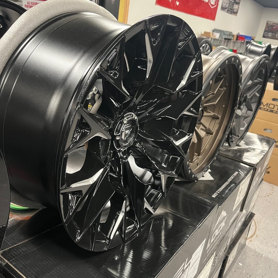 4 Fuel D803 Flame 20x9 6x5.5 Gloss Black Milled Wheels 20" 1mm Rim ...