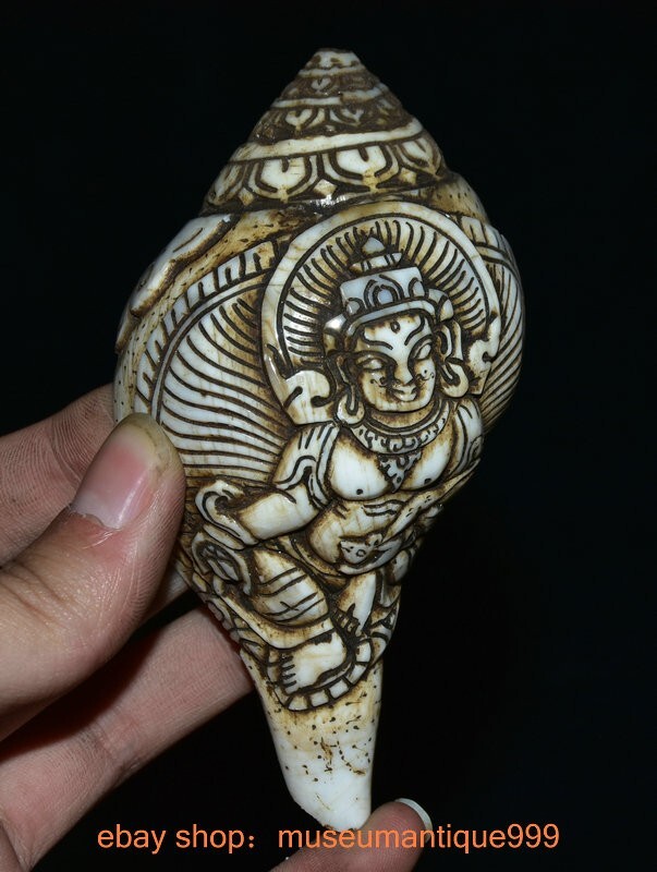 4.4" Old Chinese Yellow Jambhala Wealth God instrument Conch Shell ...