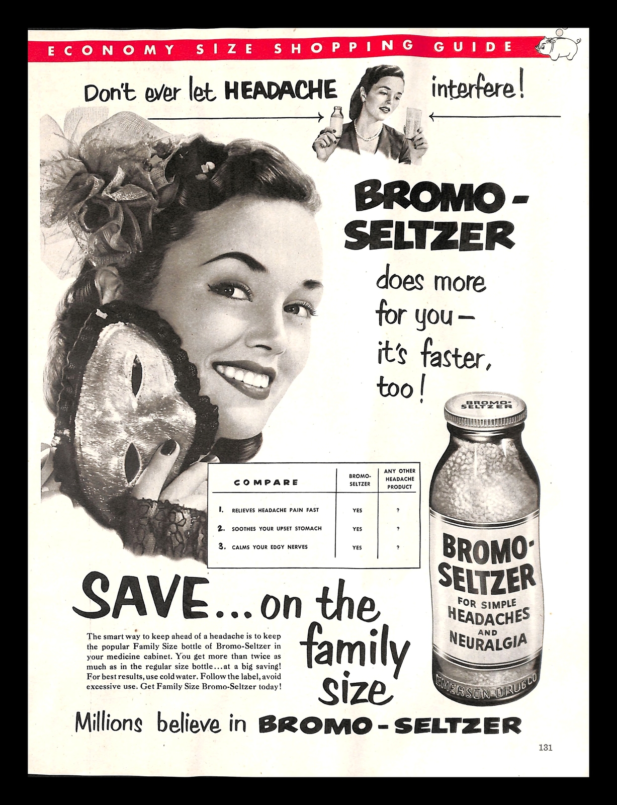 1952 Bromo-Seltzer Medicine Vintage PRINT AD Headaches Neuralgia Woman ...