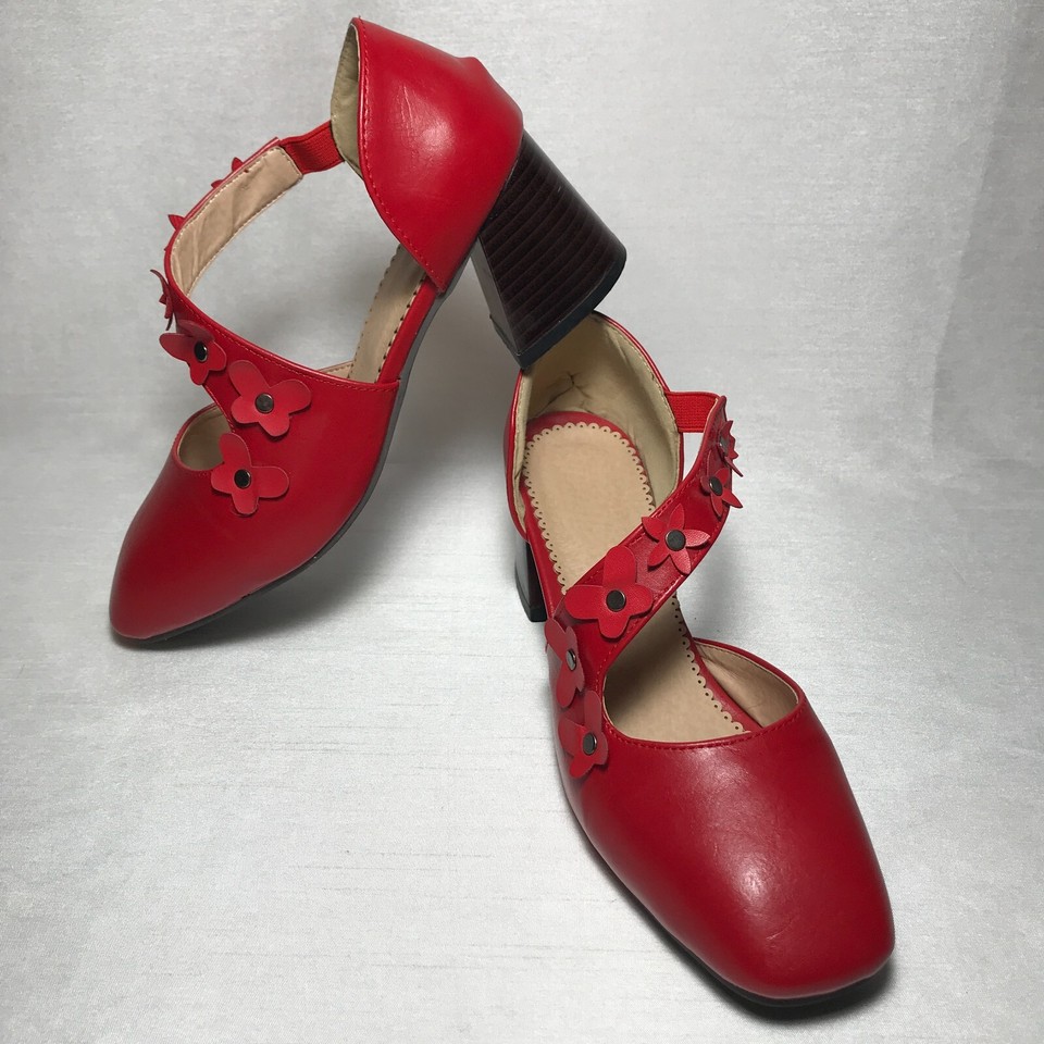 Vintage 90s Red Pumps Shoes Chunky Heel Square Toe Cross Strap Flowers ...