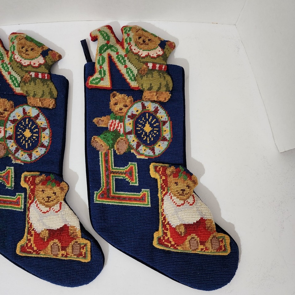 Two Vintage Christmas Stocking Wool Needlepoint Noel Teddy Bears Blue ...