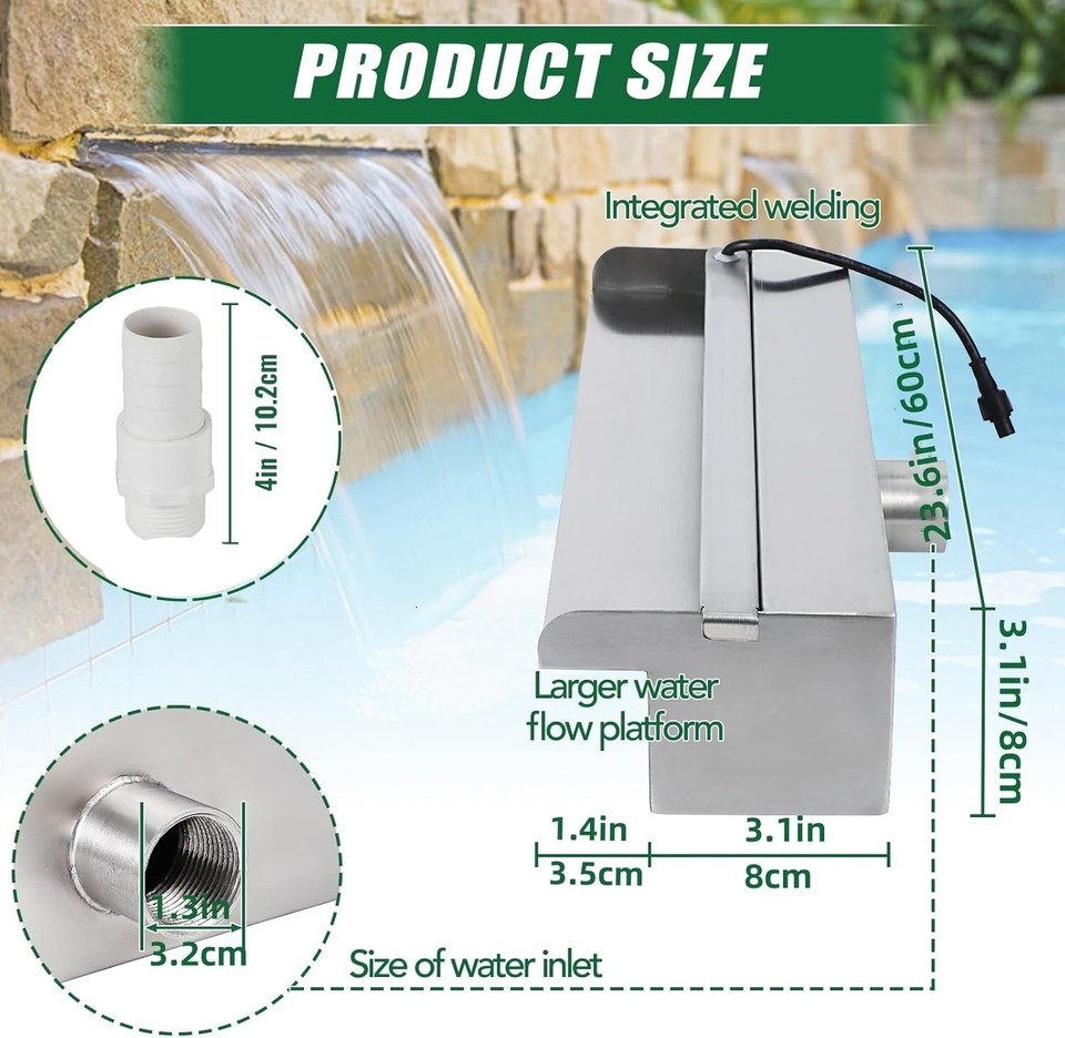 23.6" Pool Fountain Stainless Steel Pool Waterfall Spillway with Pipe ...