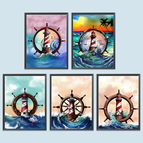 5D DIY Full Round Drill Diamond Painting Wheel Lighthouse Decoration ...