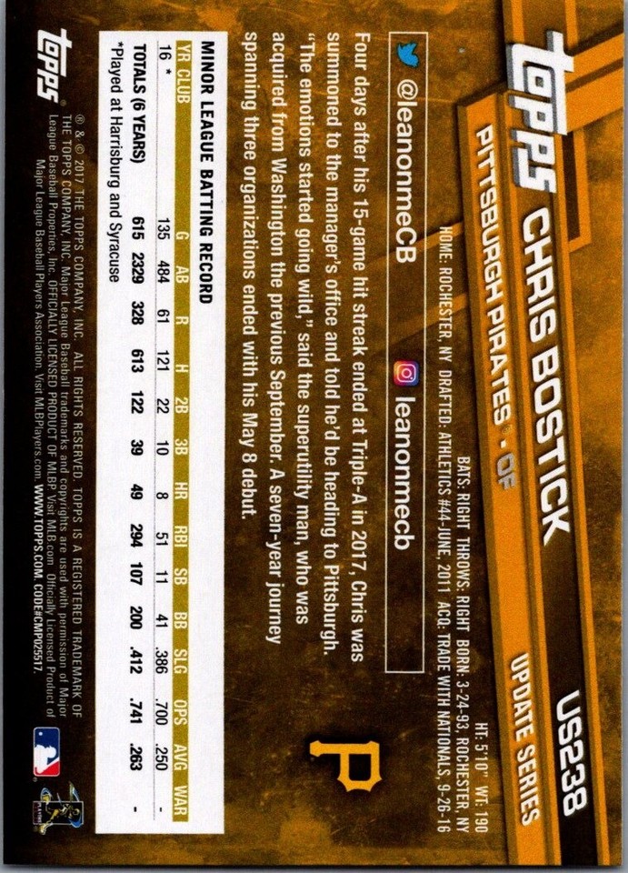 2017 Topps Update #US238 Chris Bostick RC Pittsburgh Pirates | eBay