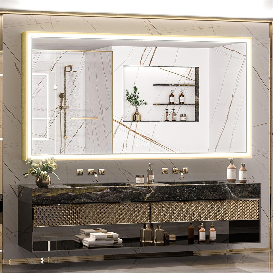Extra Large LED Bathroom Mirrors Front Light Gold Aluminum Framed ...