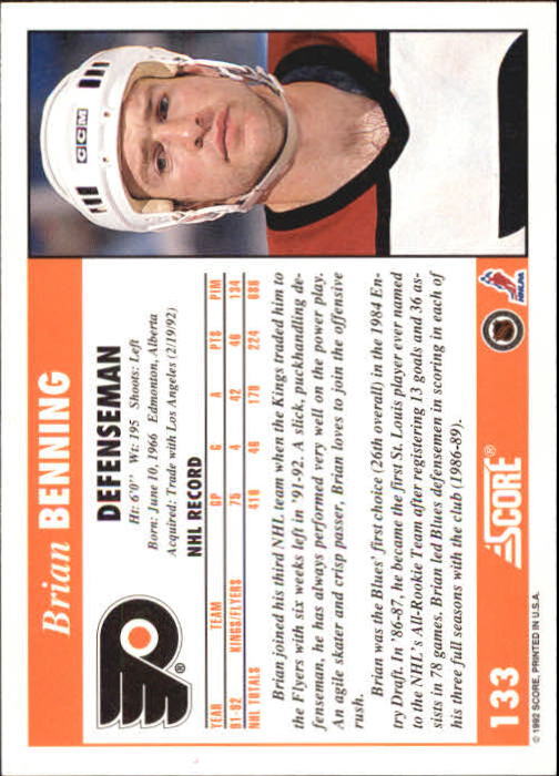 1992-93 Score Flyers Hockey Card #133 Brian Benning | eBay