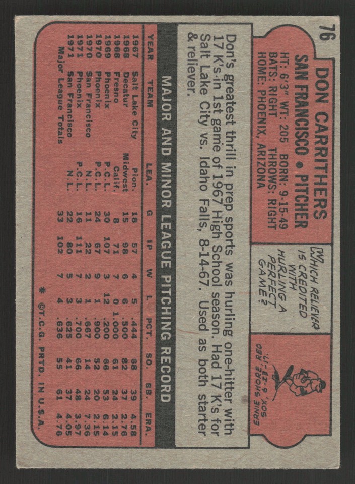 Don Carrithers 1972 Topps Rookie #76 San Francisco Giants EX PD {1231 ...