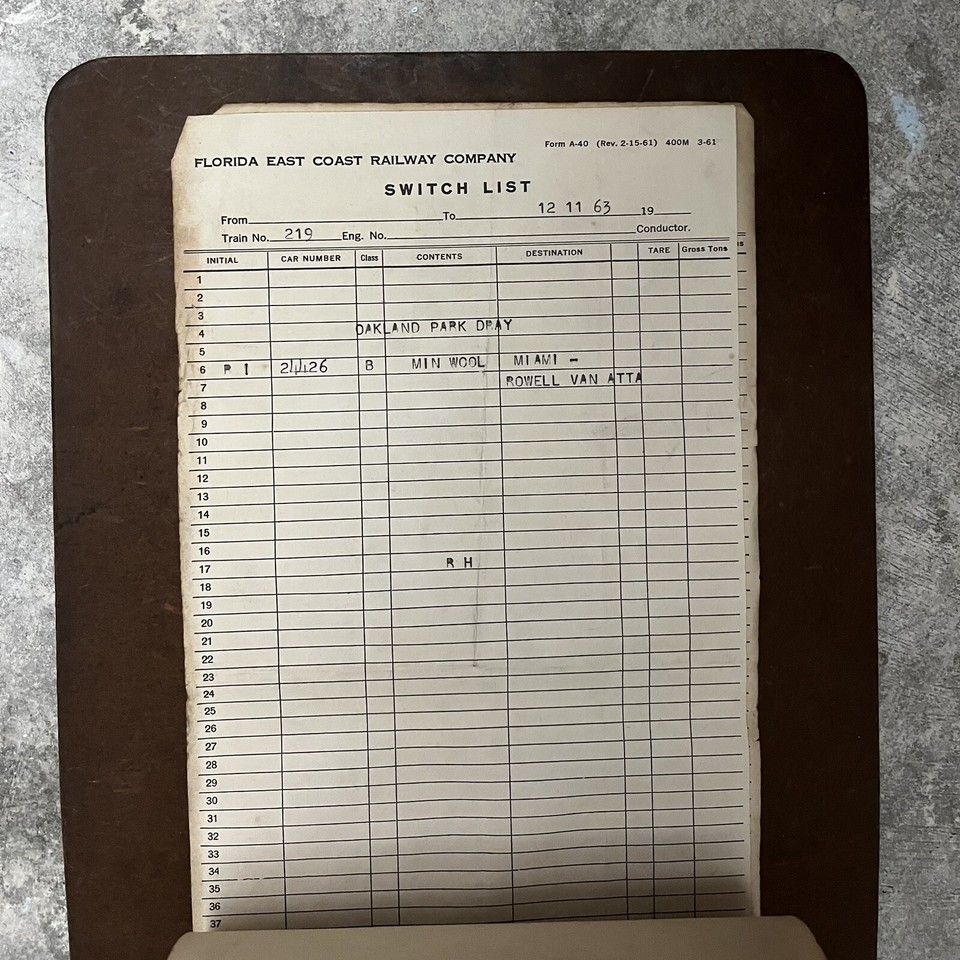 1963 ORIGINAL Florida East Coast Railway Railroad Switch List Clipboard ...