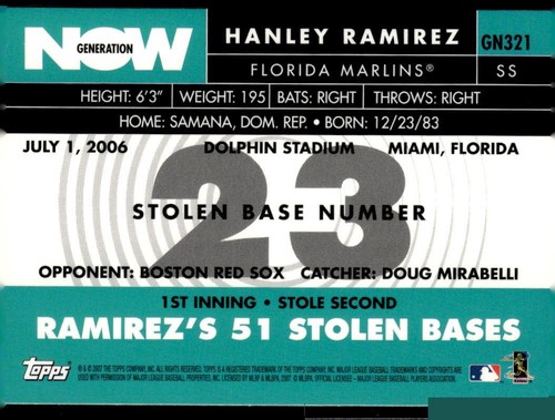 2007 Topps #GN321 Hanley Ramirez Generation Now Florida Marlins | eBay