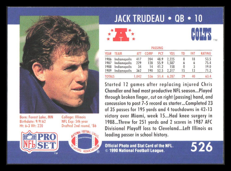 1990 Pro Set Jack Trudeau #526 Indianapolis Colts Football Card | eBay