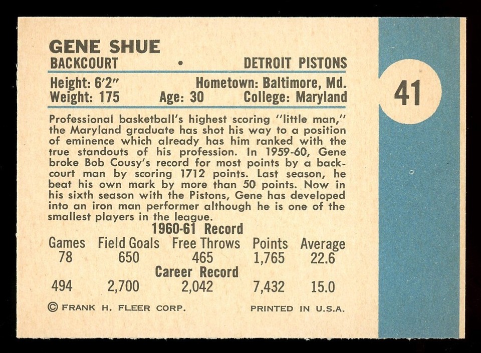 1961-62 Fleer Basketball NBA #41 Gene Shue EX-NM Detroit Pistons Card ...